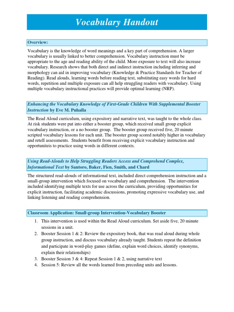 Vocabulary Handout | PDF | Reading Comprehension | Vocabulary