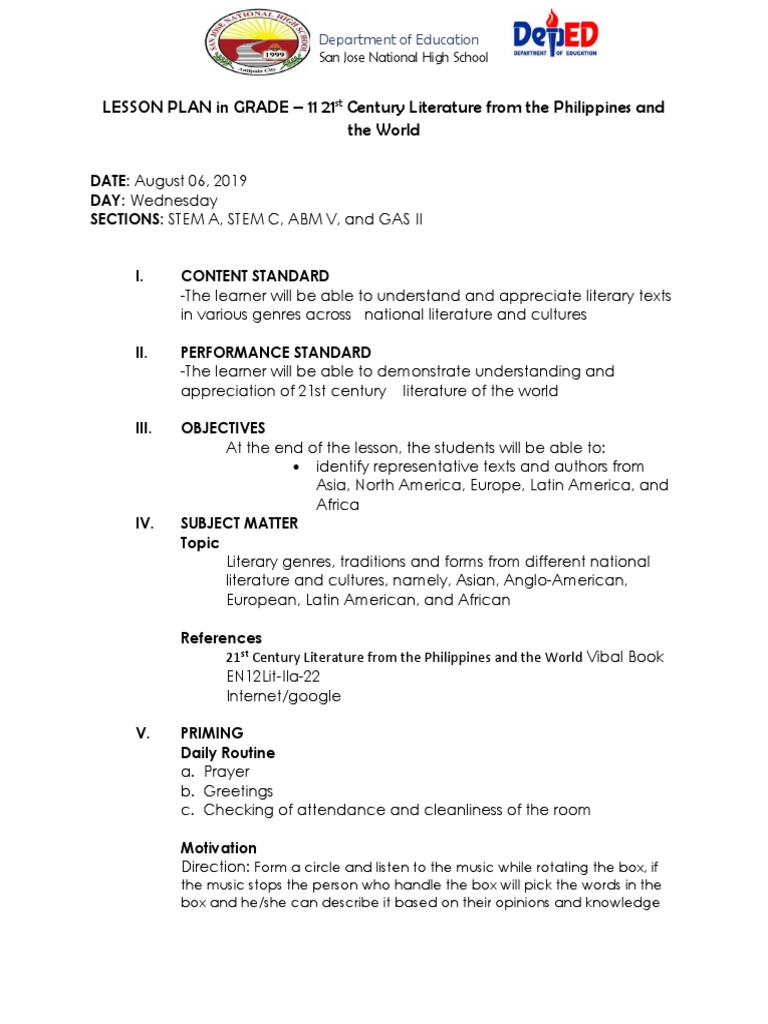 Grade 11 Lesson Plan: 21st Century Literature | PDF | Lesson Plan | Africa