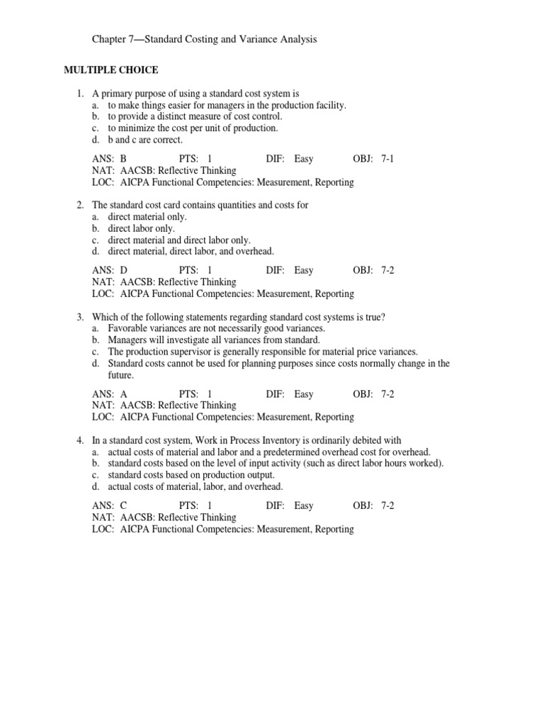 Chapter 7-Standard Costing and Variance Analysis: Multiple Choice | PDF | Cost | Variance