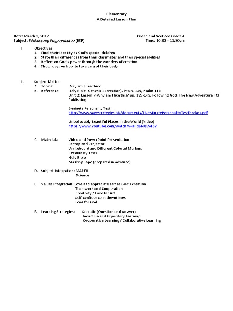 Detailed Lesson Plan - Creation | PDF | Genesis Creation Narrative