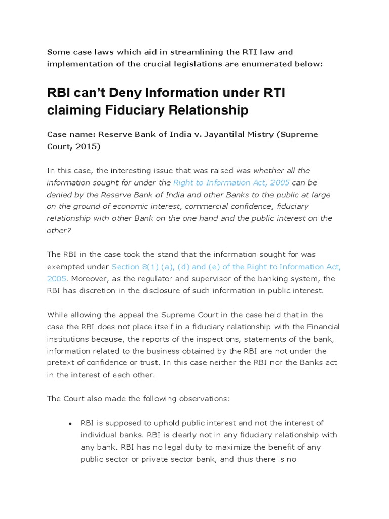 Important Judgements On RTI in India | PDF | Criminal Procedure In South Africa | Reserve Bank ...