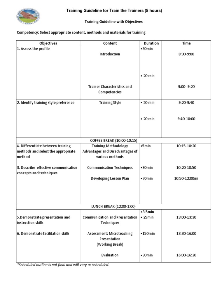 Training Guideline For Train The Trainers (8 Hours) : Scheduled Outline ...