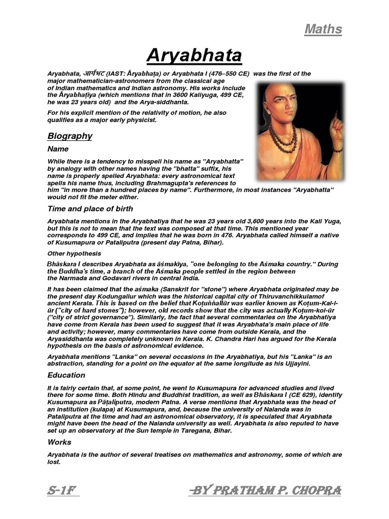 Aryabhata: S-1F - by Pratham P. Chopra | PDF | Elementary Mathematics ...
