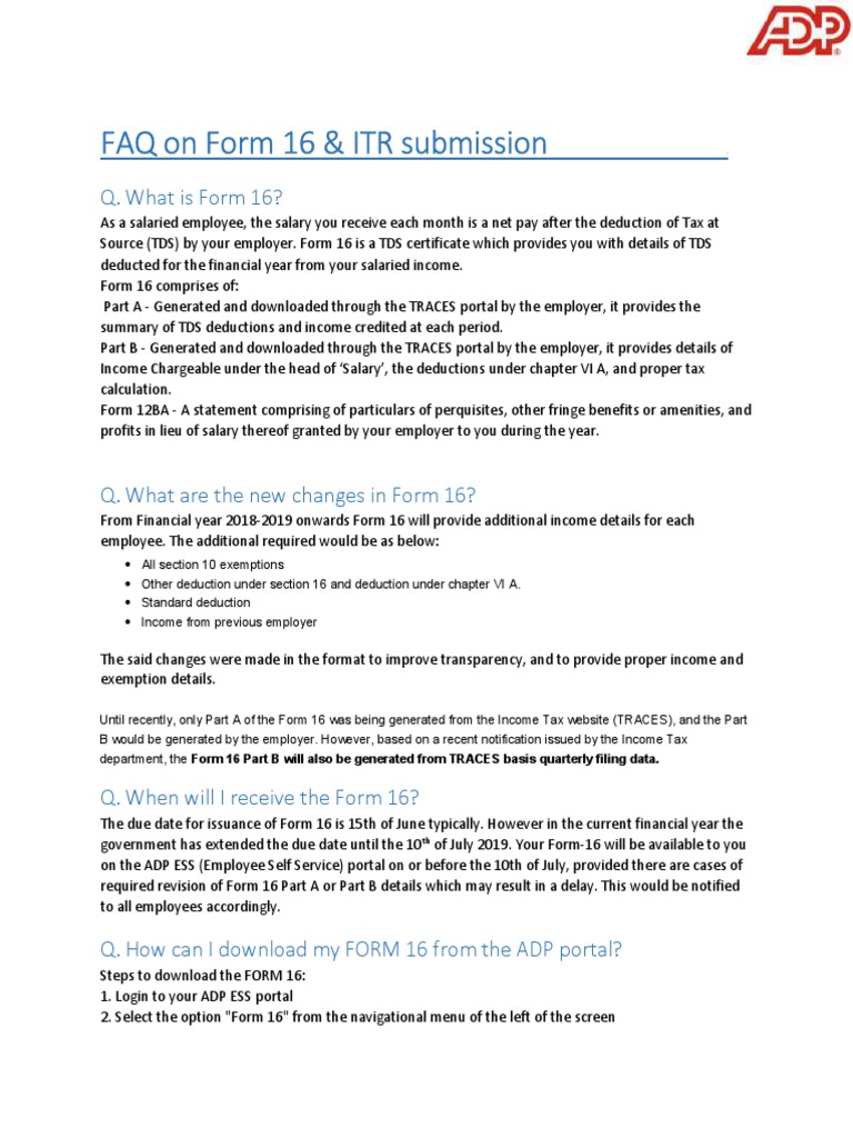 FAQ On Form 16 & ITR Submission: Q. What Is Form 16? | PDF | Income Tax ...
