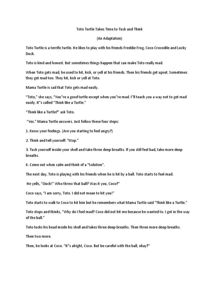 Toto Turtle Takes Time To Tuck and Think | PDF