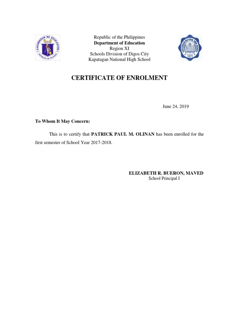 Certificate of Enrollment