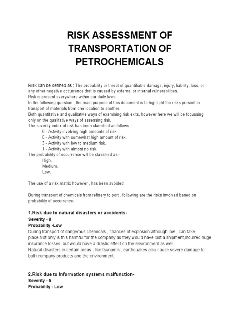 Risk Assessment of Transportation of Petrochemicals: Risk Can Be ...