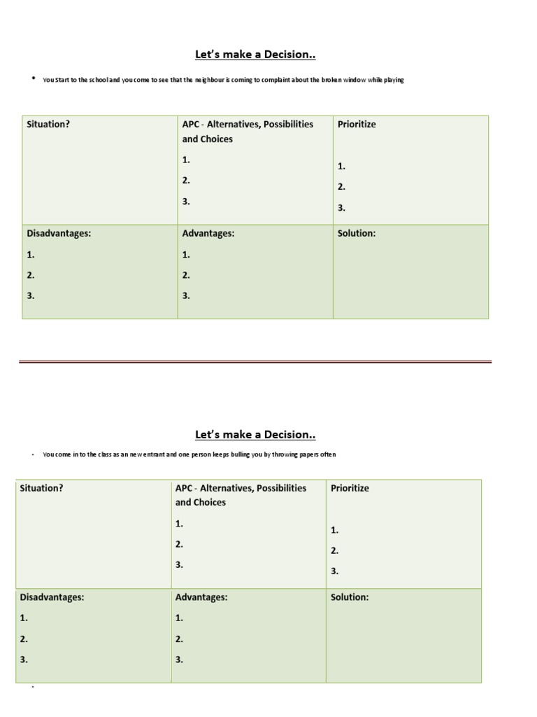 Let's Make A Decision..: Situation? APC - Alternatives, Possibilities and Choices 1. 2. 3 ...