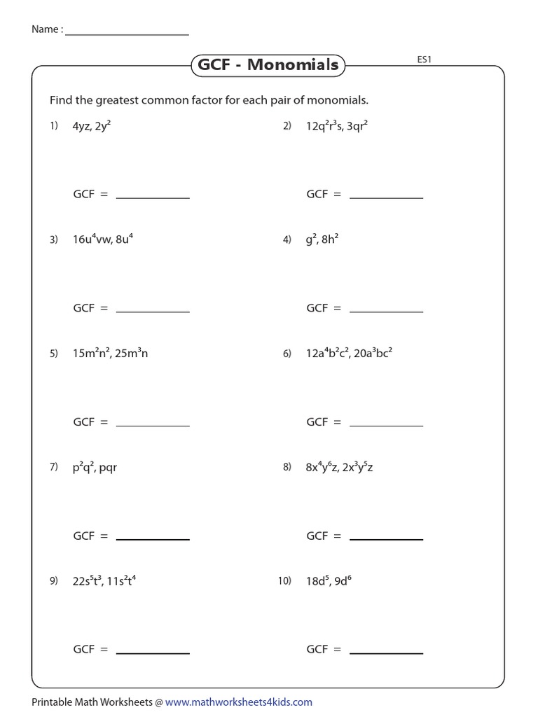 GCF of Monomials Worksheet | PDF | Teaching Methods & Materials