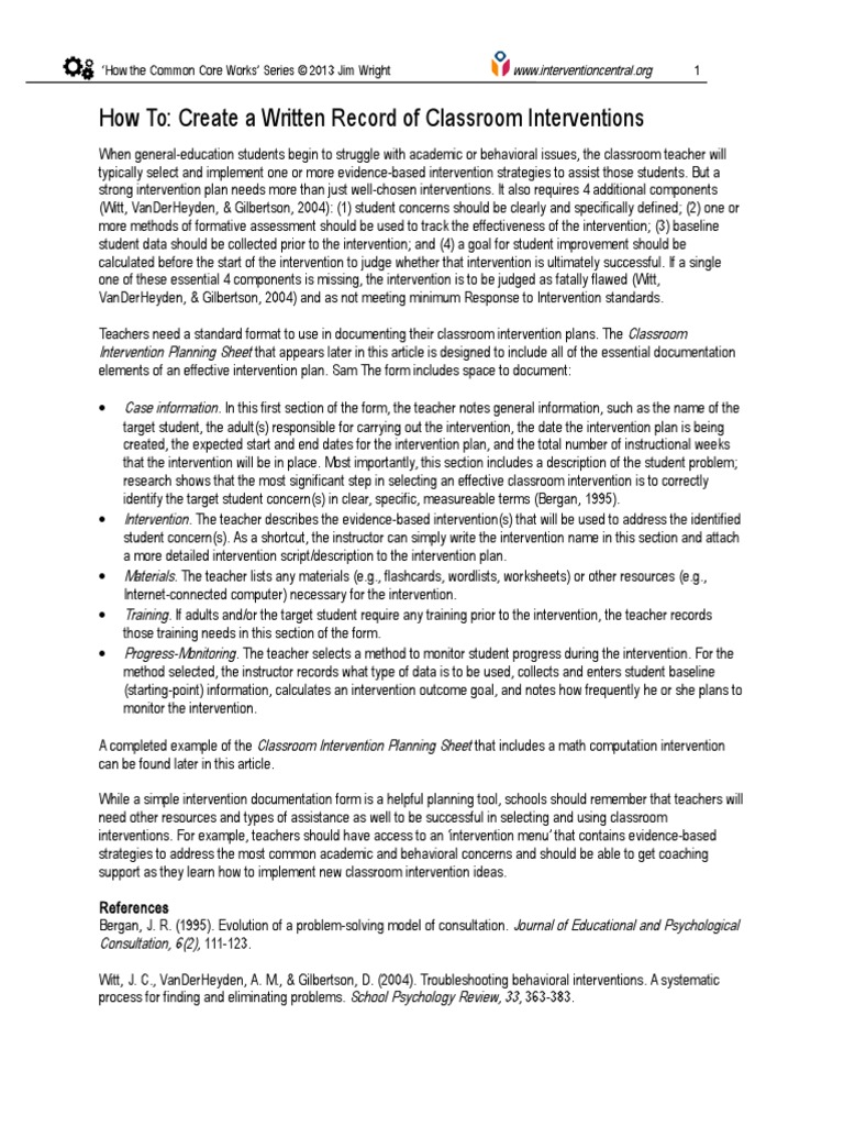 2 Classroom Intv Documentation Form | PDF | Worksheet | Teachers