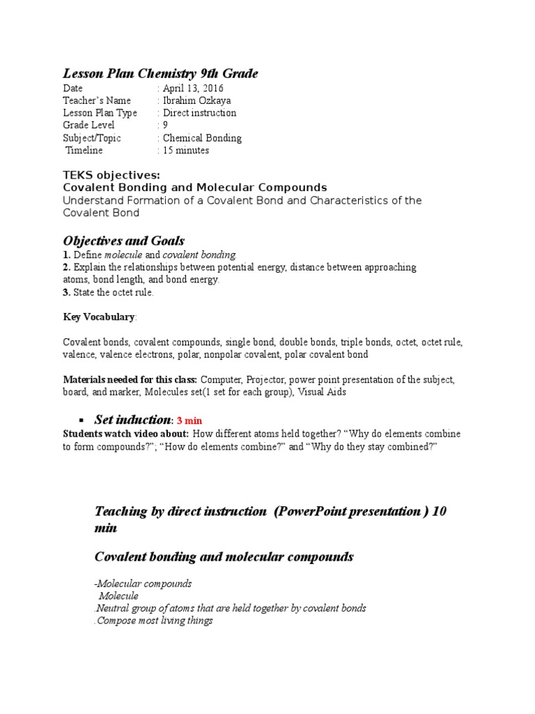 Covalent Bonding Lesson Plan | PDF | Covalent Bond | Chemical Compounds