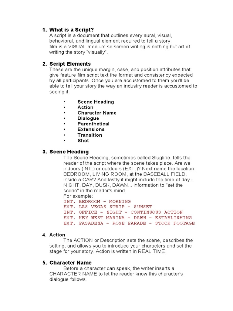 What Is A Script?: Scene Heading Action Character Name Dialogue ...