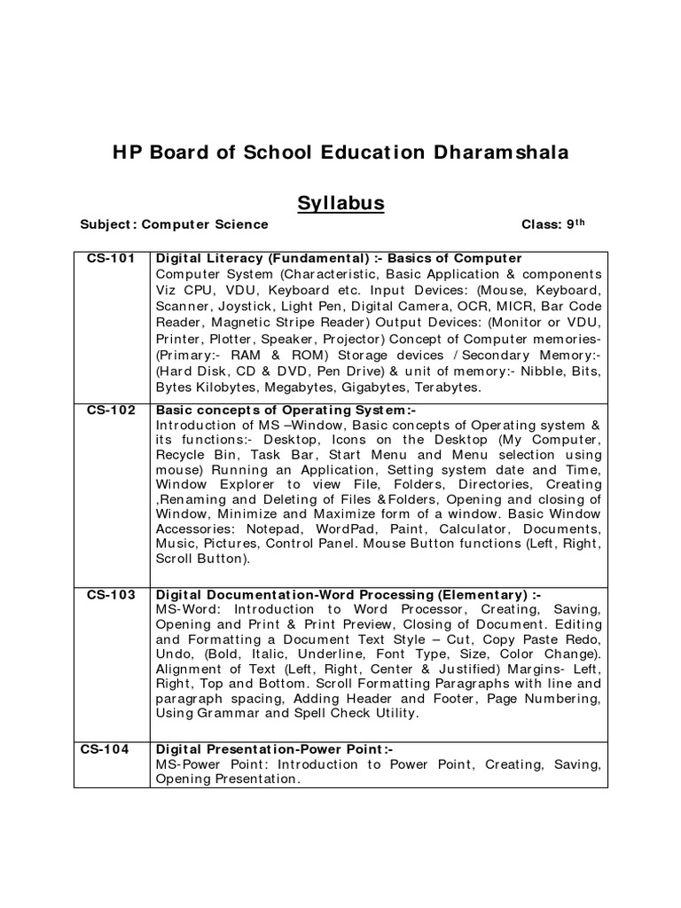 HP Board of School Education Dharamshala Syllabus: Subject: Computer ...