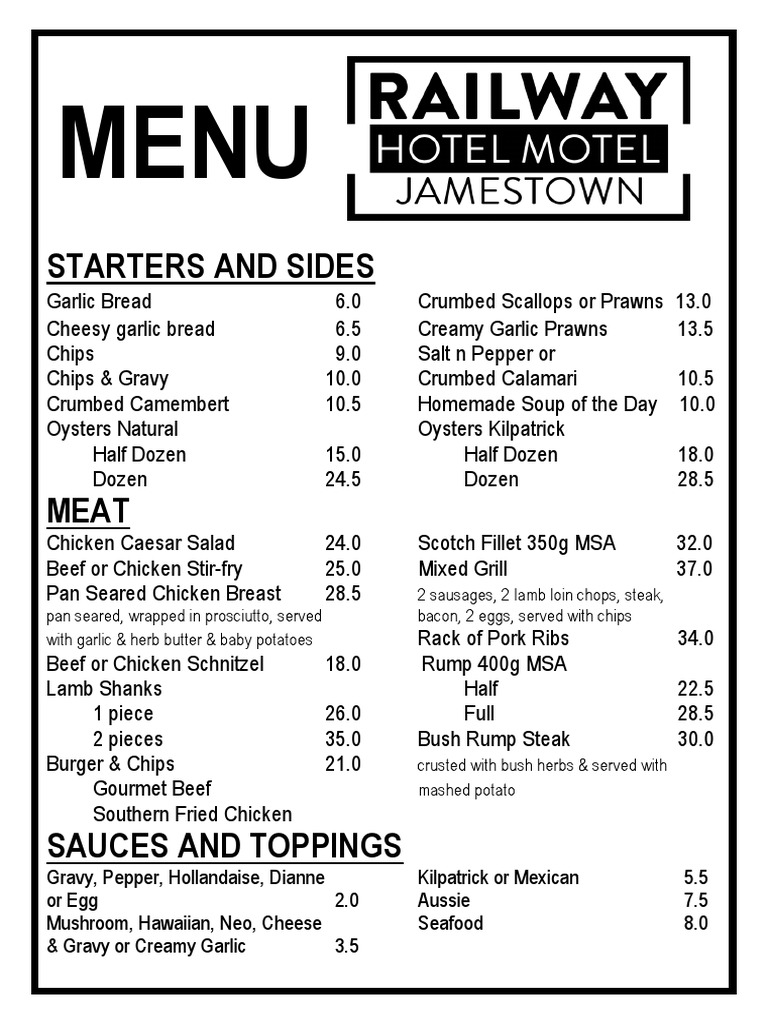 Railway Hotel Jamestown - MAIN MENU | French Fries | Cuisine | Free 30 ...