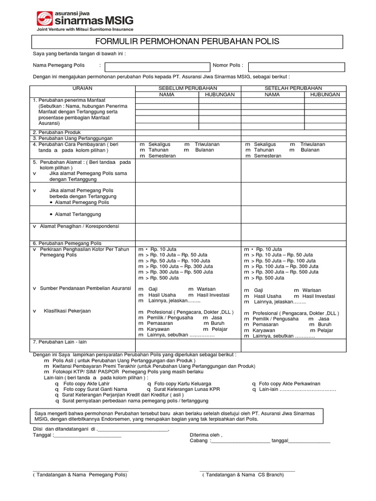 Form Perubahan Polis SINARMAS | PDF