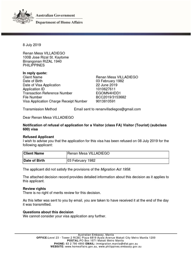 IMMI Refusal Notification With Decision Record | PDF | Makati | Travel Visa