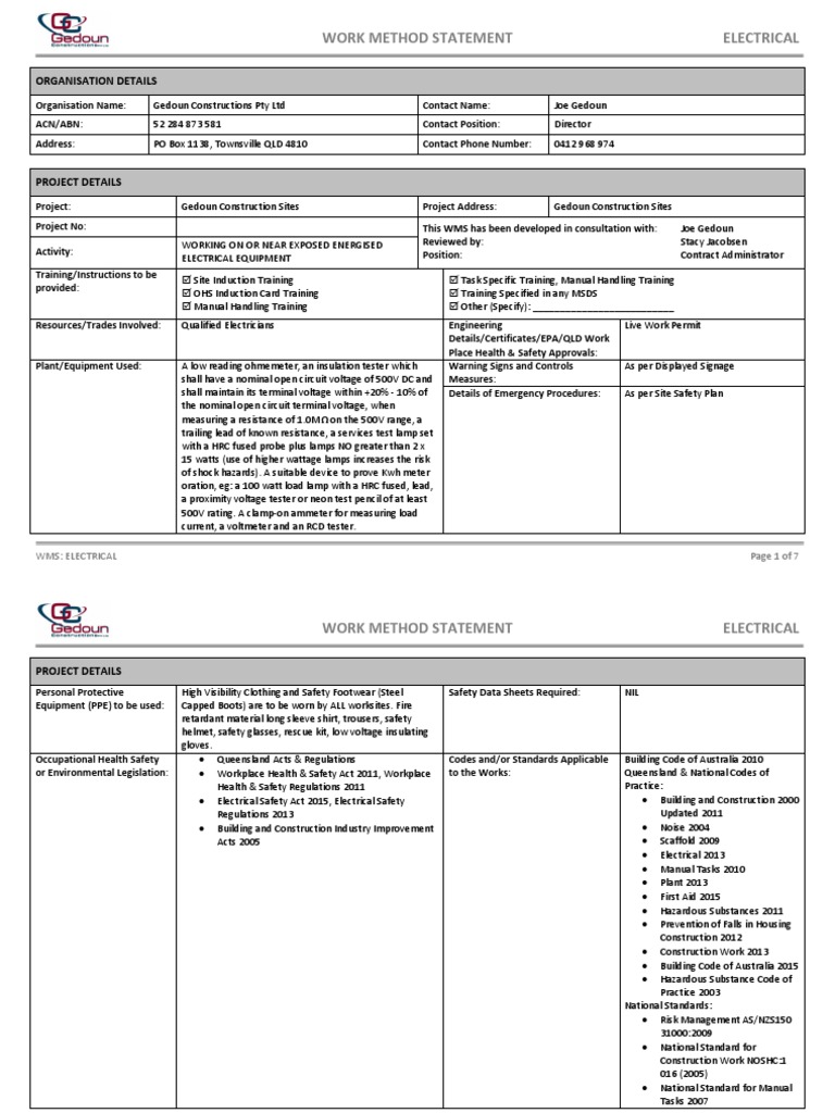 Electrical Safety Work Method Statement | PDF | Electrician | Personal ...