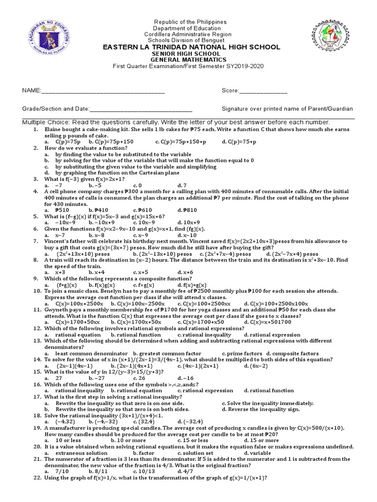 GEN MATH 1ST Q EXAM | Fraction (Mathematics) | Exponential Function