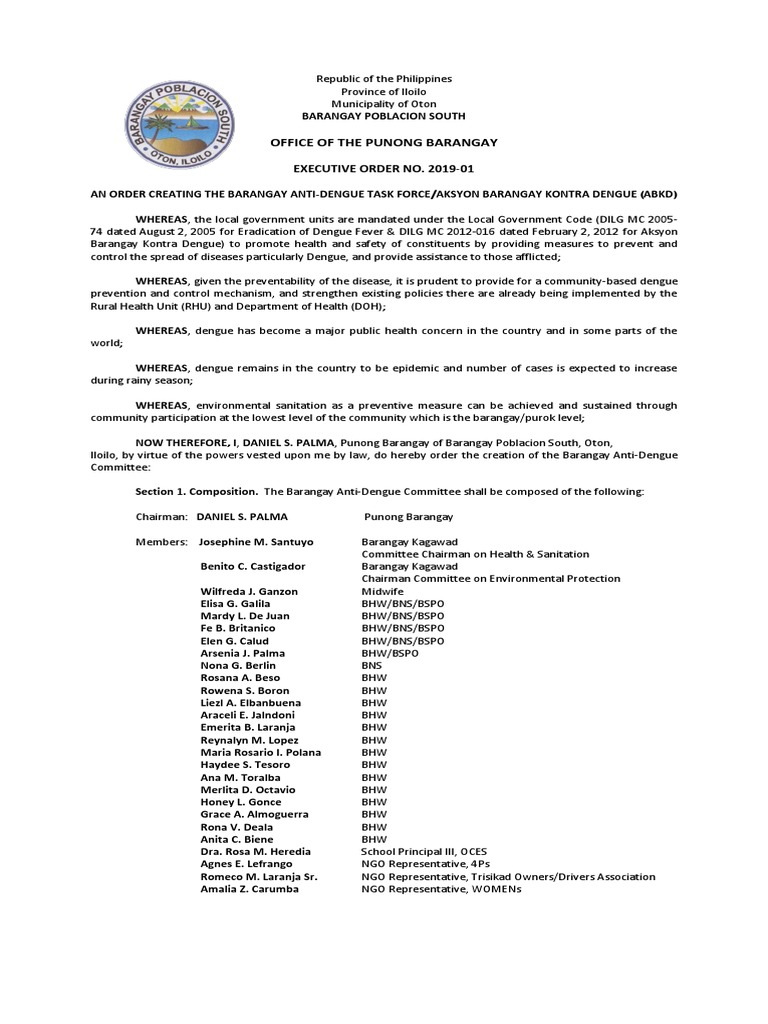 2019 Executive Order No. 2019 01 Creation of Barangay Anti Dengue Task ...