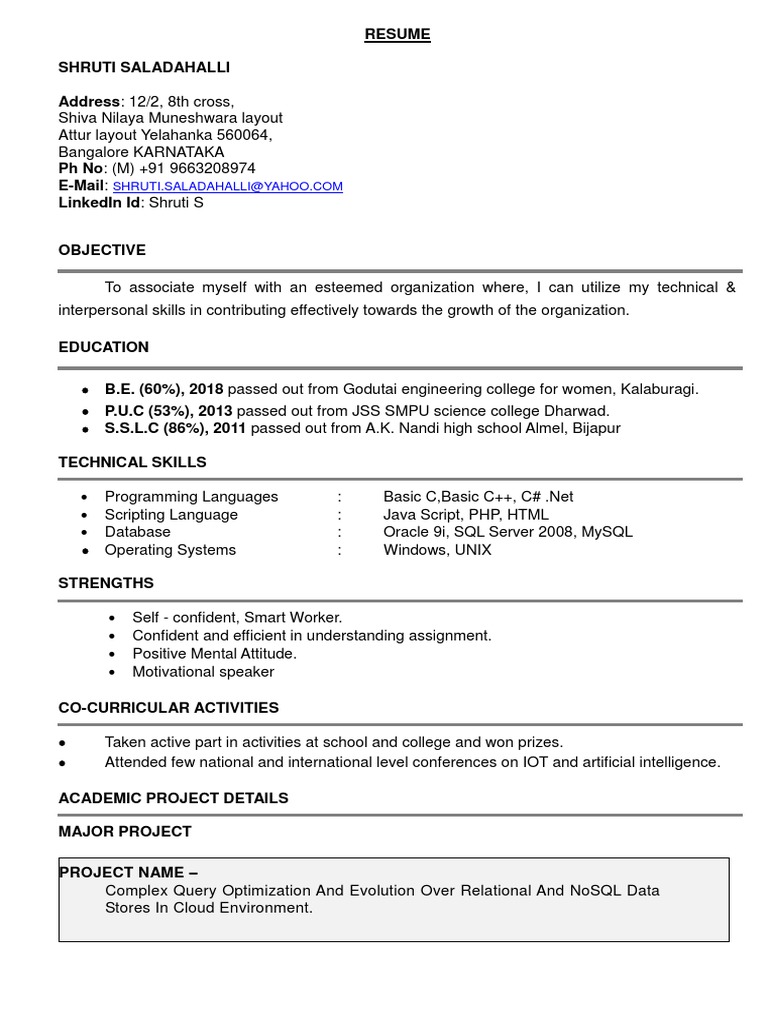 Shruti Resume | PDF | No Sql | Cloud Computing