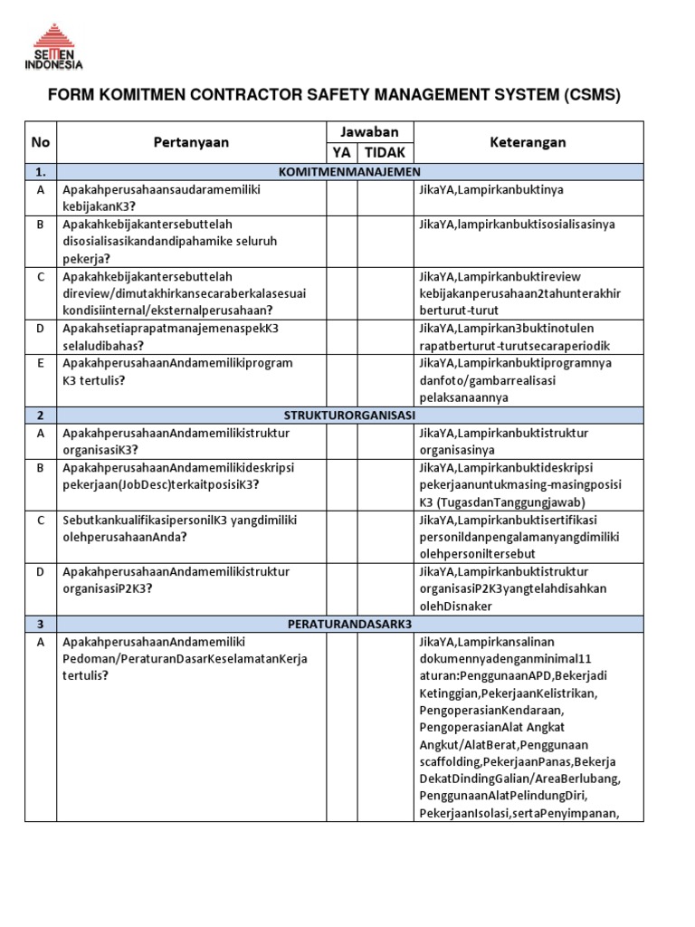 Form Komitmen Contractor Safety Management System (CSMS) No Pertanyaan ...
