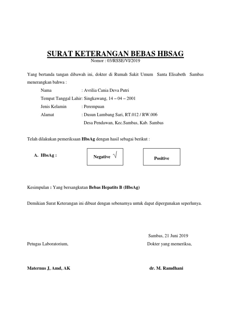 Surat Keterangan Bta Dan Hbsag | PDF