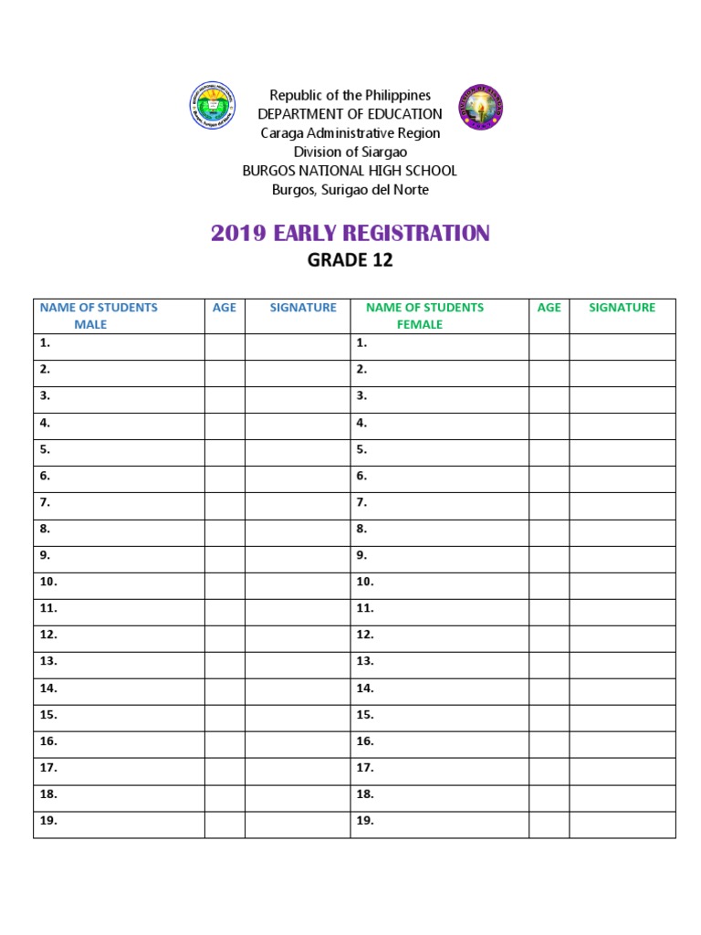 2019 Early Registration: Grade 12 | PDF | Philippines | Learning