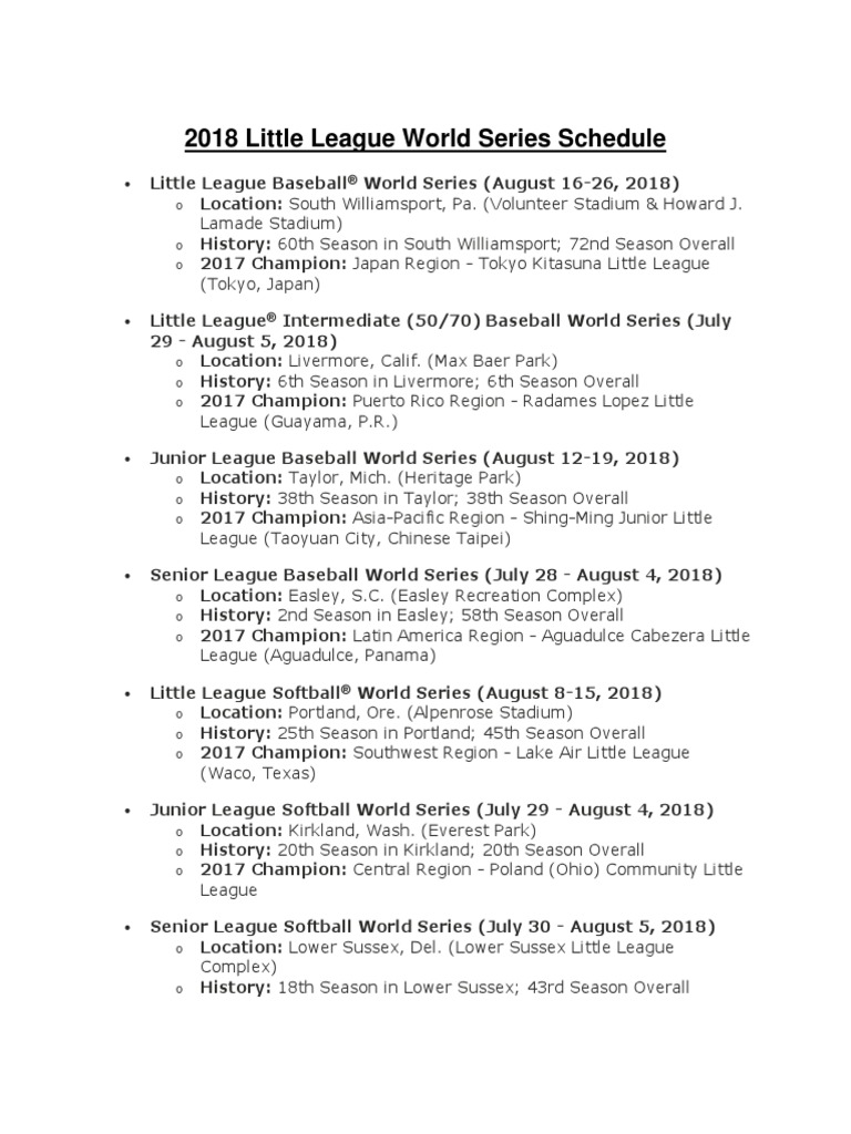 2018 Little League World Series Schedule | PDF
