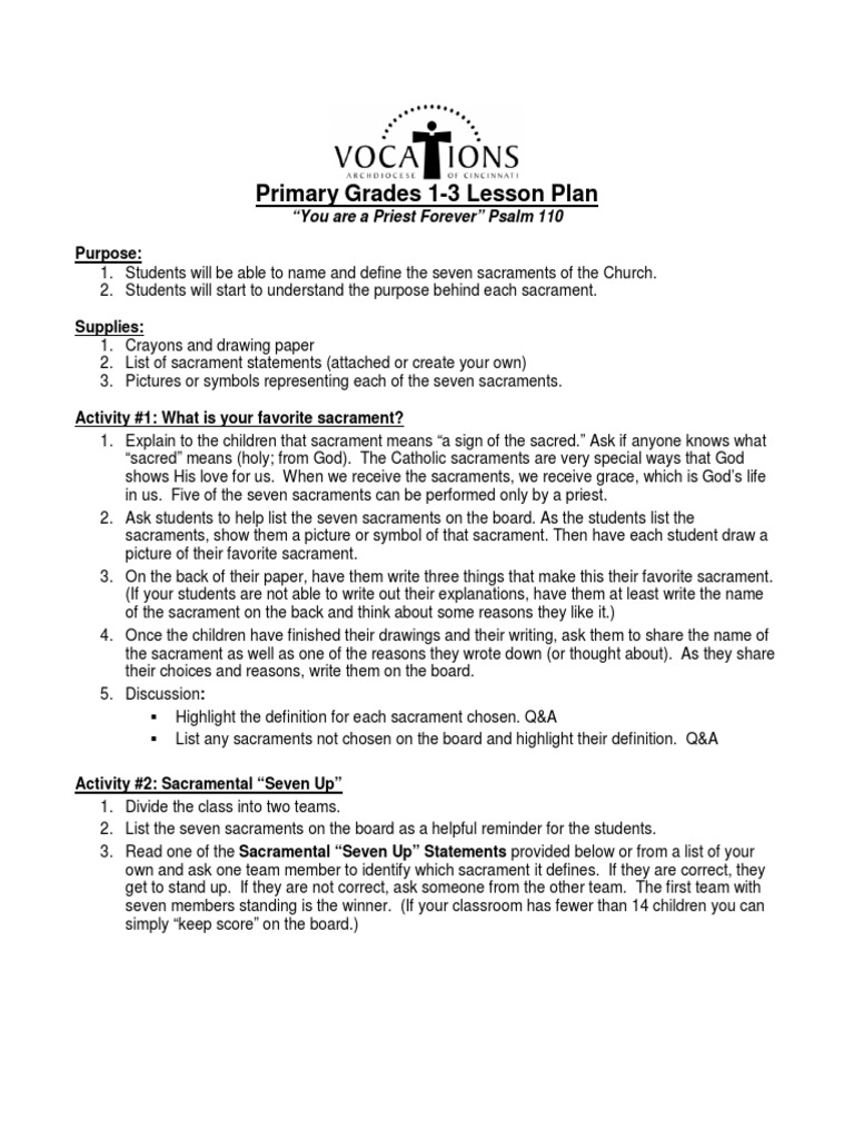 Primary Grades 1-3 Lesson Plan: Purpose | PDF | Eucharist | Grace In ...