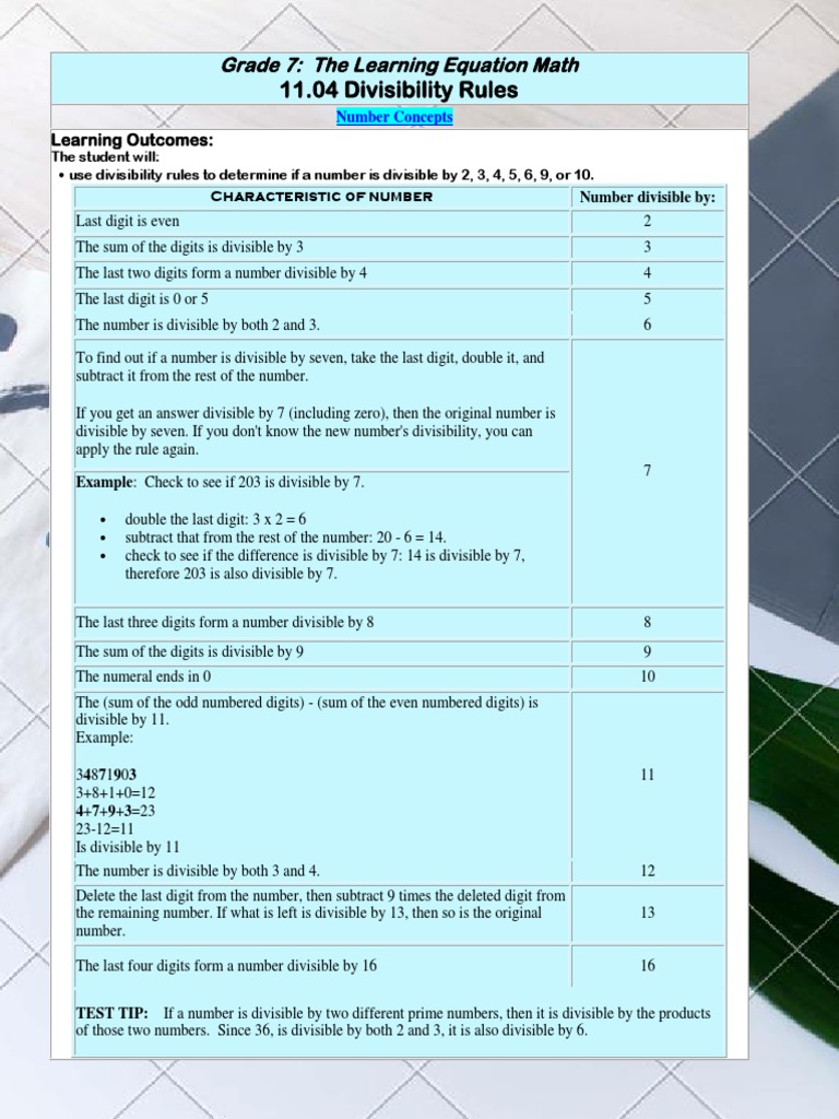 11.04 Divisibility Rules: Grade 7: The Learning Equation Math | PDF ...