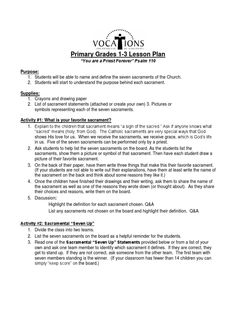Primary Grades 1-3 Lesson Plan: Purpose | PDF | Eucharist | Grace In ...