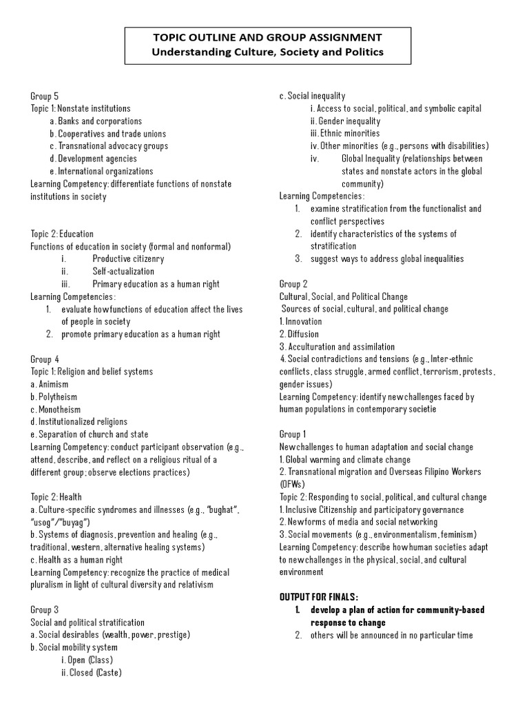 Topic Outline Second Quarter UCSP | PDF | Social Stratification | Society