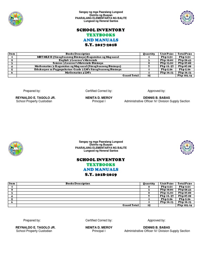 School Inventory: Textbooks | PDF | Business | Teaching Mathematics