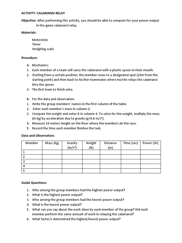 Activity: Calamansi Relay Objective: After Performing This Activity ...
