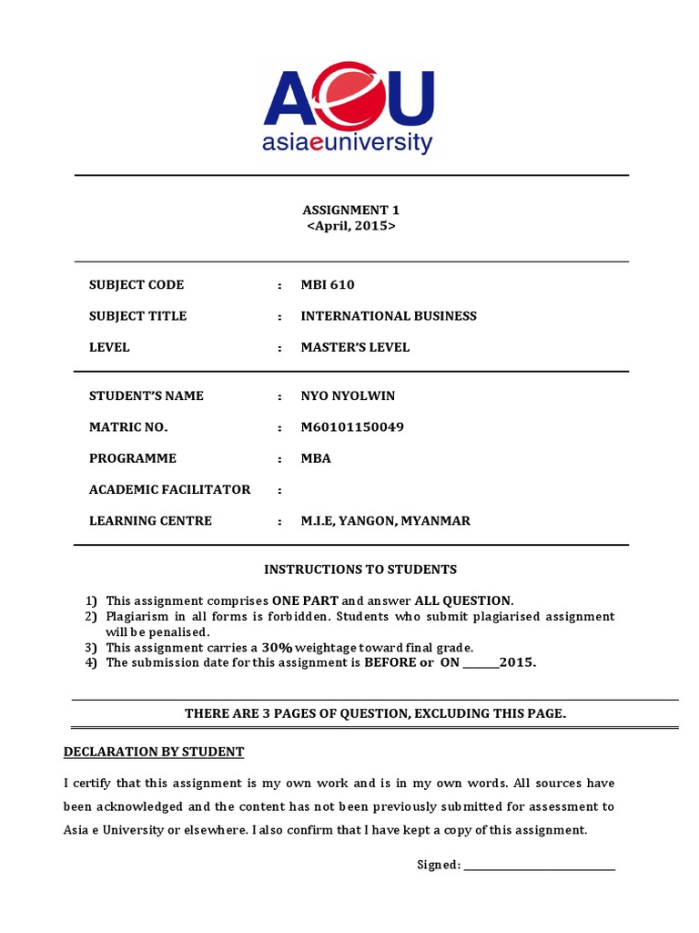 International Business Assignment 1 Cover Page | PDF