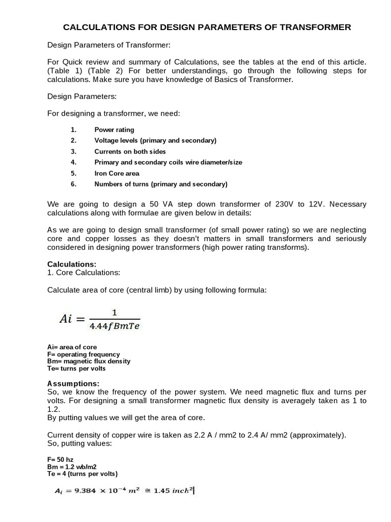 Transformer Design Parameters | PDF | Transformer | Electric Power