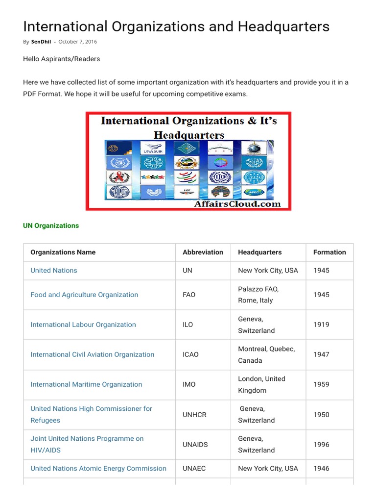 International Organizations and Headquarters | PDF | United Nations ...