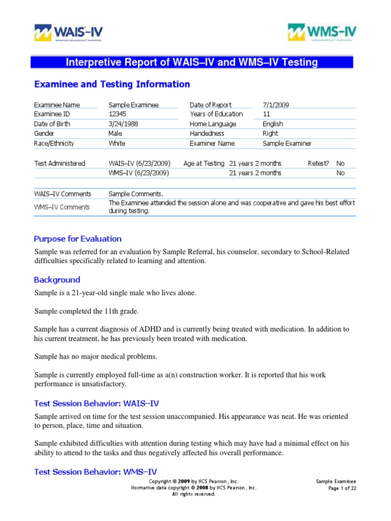 Interpretive Report of WAIS - IV and WMS-IV Testing | PDF | Wechsler ...