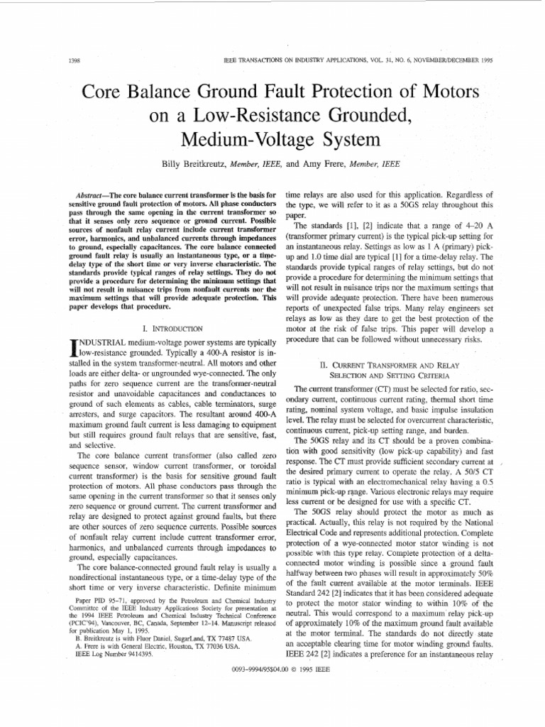 Core Balance Ground Fault Protection of Motors On A Low-Resistance ...