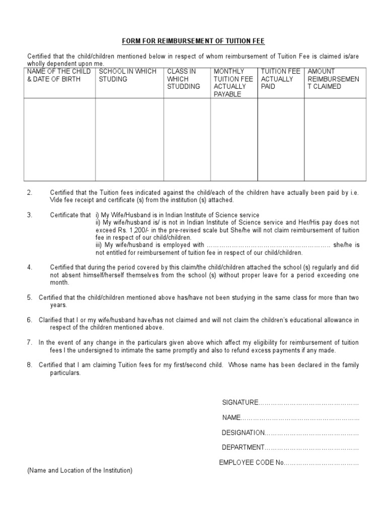 Form For Reimbursement of Tuition Fee | PDF | Payments | Government