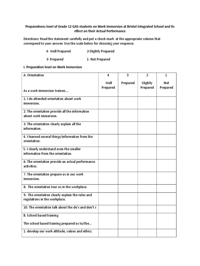 Preparedness Level of Grade 12 GAS Students On Work Immersion at ...