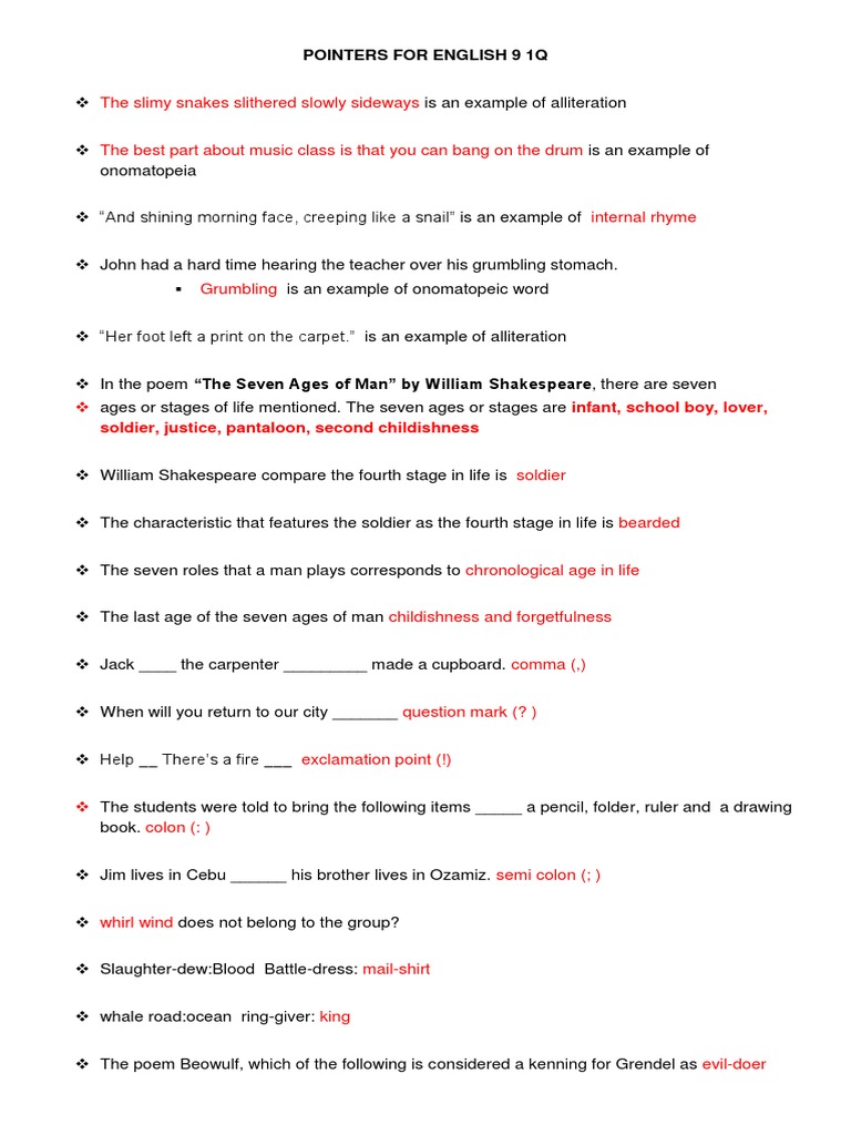 Pointers For English 9 1Q: Infant, School Boy, Lover, Soldier, Justice, Pantaloon, Second ...