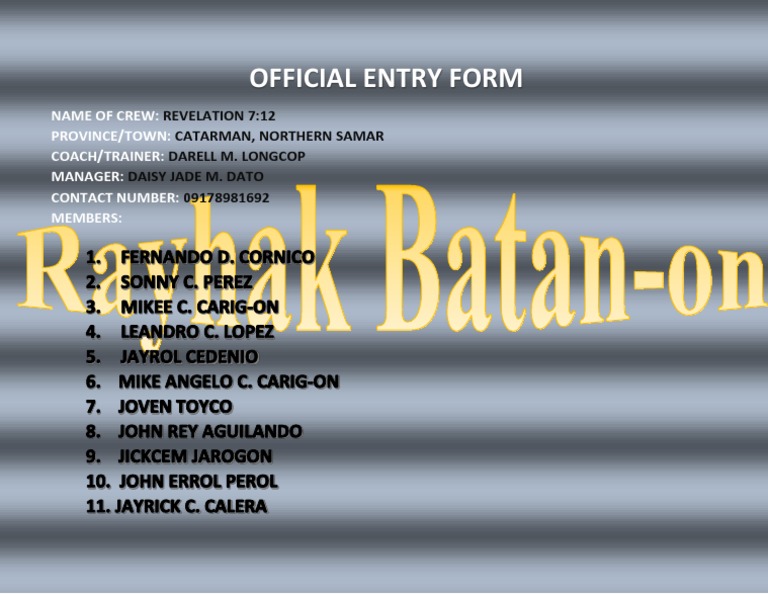 Official Entry Form: Revelation 7:12 Catarman, Northern Samar Darell M ...