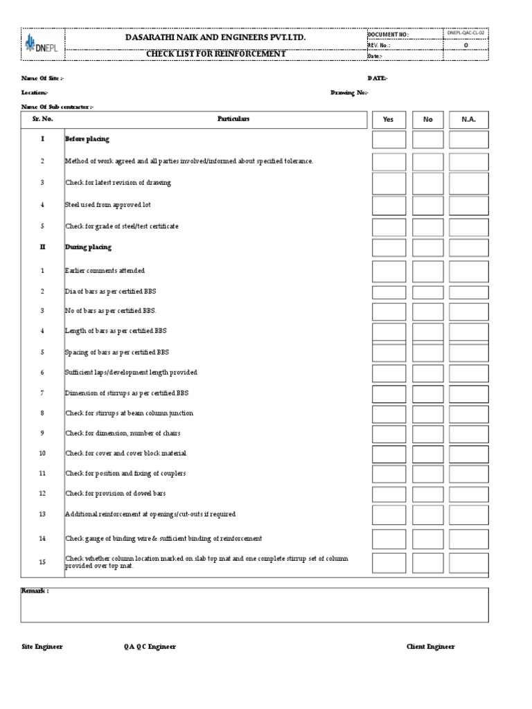 Dasarathi Naik and Engineers PVT - Ltd. Check List For Reinforcement | PDF