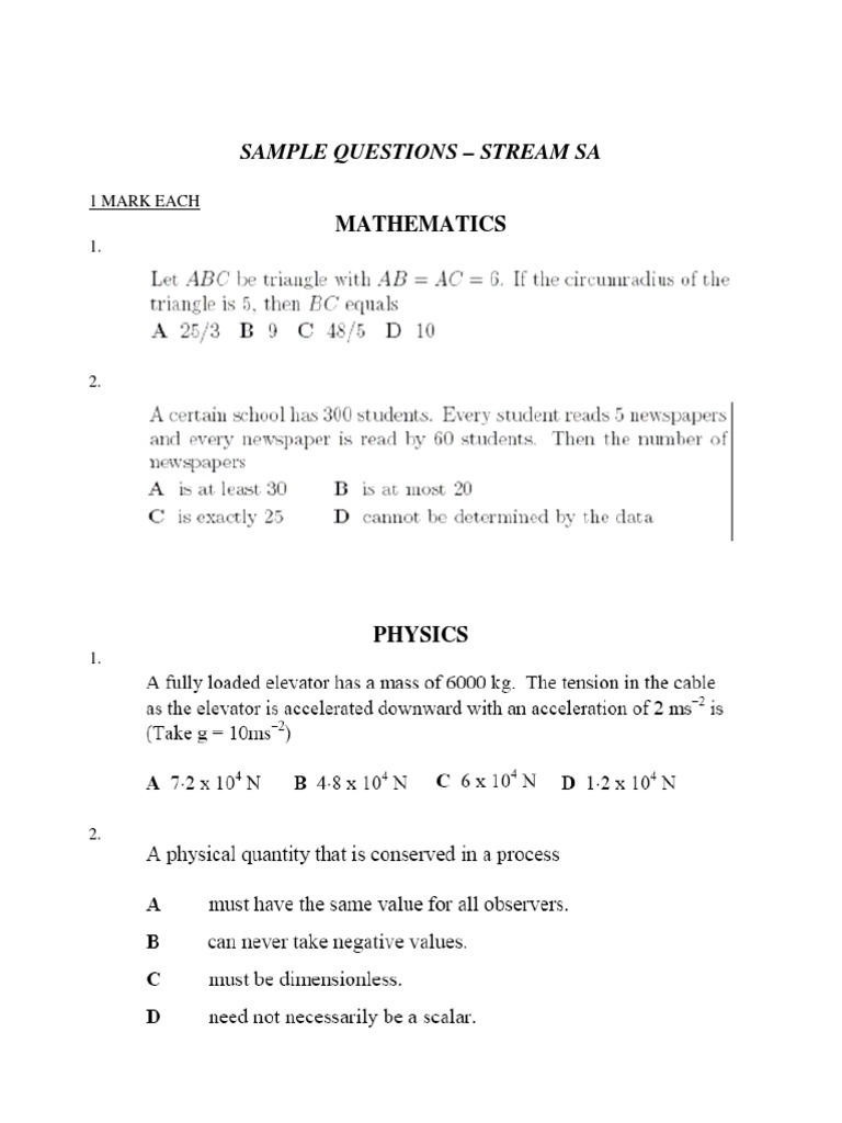 Sample Questions – Stream Sa: Mathematics