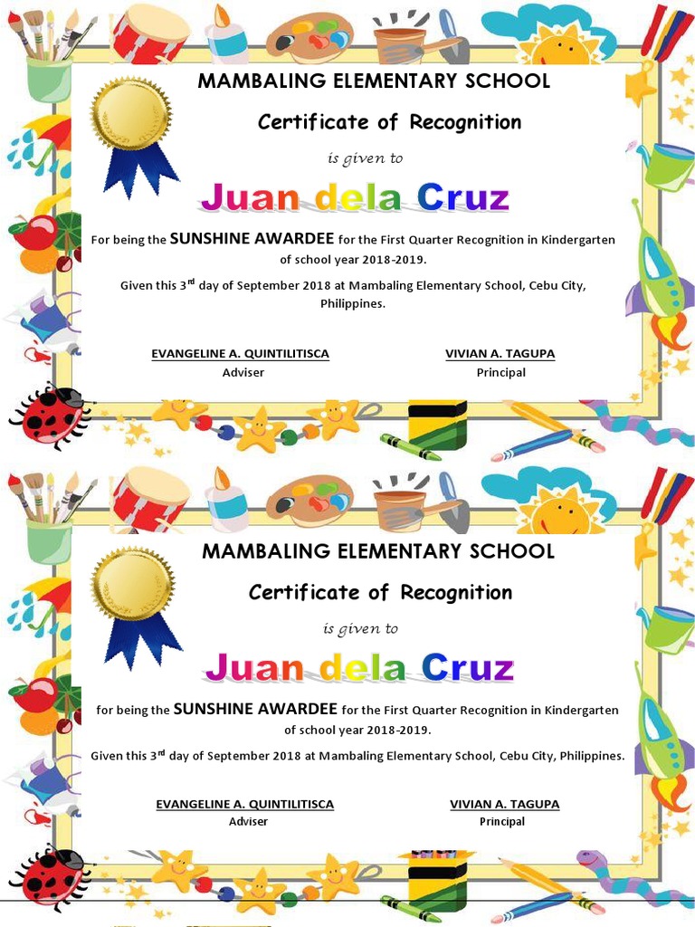 Kindergarten First Quarter Awards | PDF | Educational Years ...