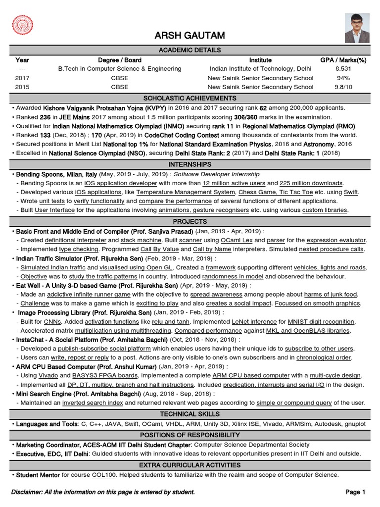 Arsh Gautam CV | PDF | Areas Of Computer Science | Computer Engineering