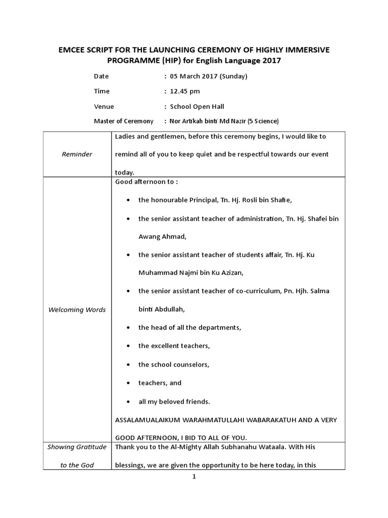 Emcee Script For Hip Launching Ceremony | PDF