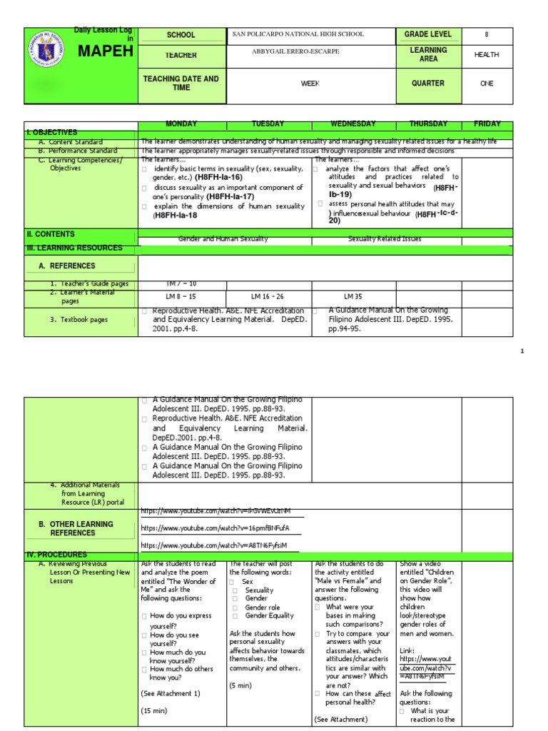 Q1 Grade-8-Health-Dll-Week-1 | PDF | Gender Role | Domestic Violence