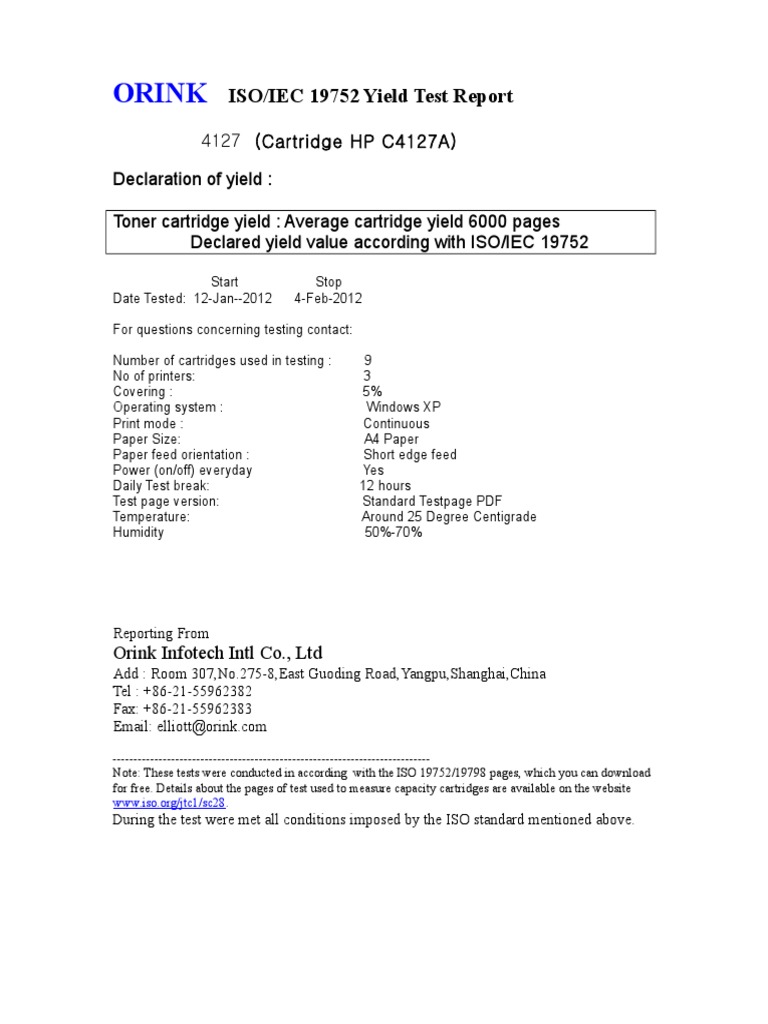 Orink: ISO/IEC 19752 Yield Test Report | PDF